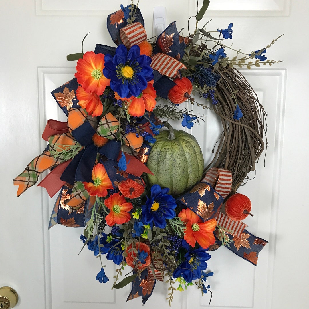 Fall Wreath, Fall Door Hanger, Blue Orange Fall Wreath, Pumpkin Wreath ...