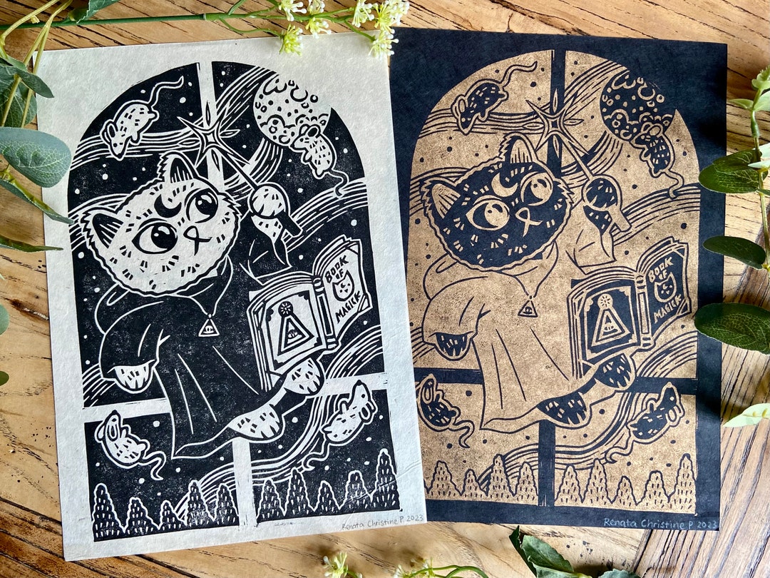 Magic Cat and Floating Mouse Lino Print / Block Print, Handprinted ...