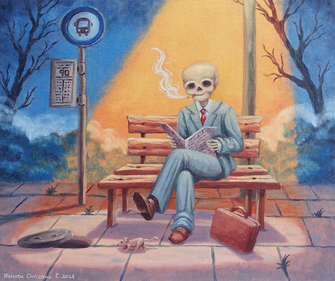 Bus Stop Oil Painting Print Size 8 X 10 Skeleton, Gothic, Cute, Spooky ...