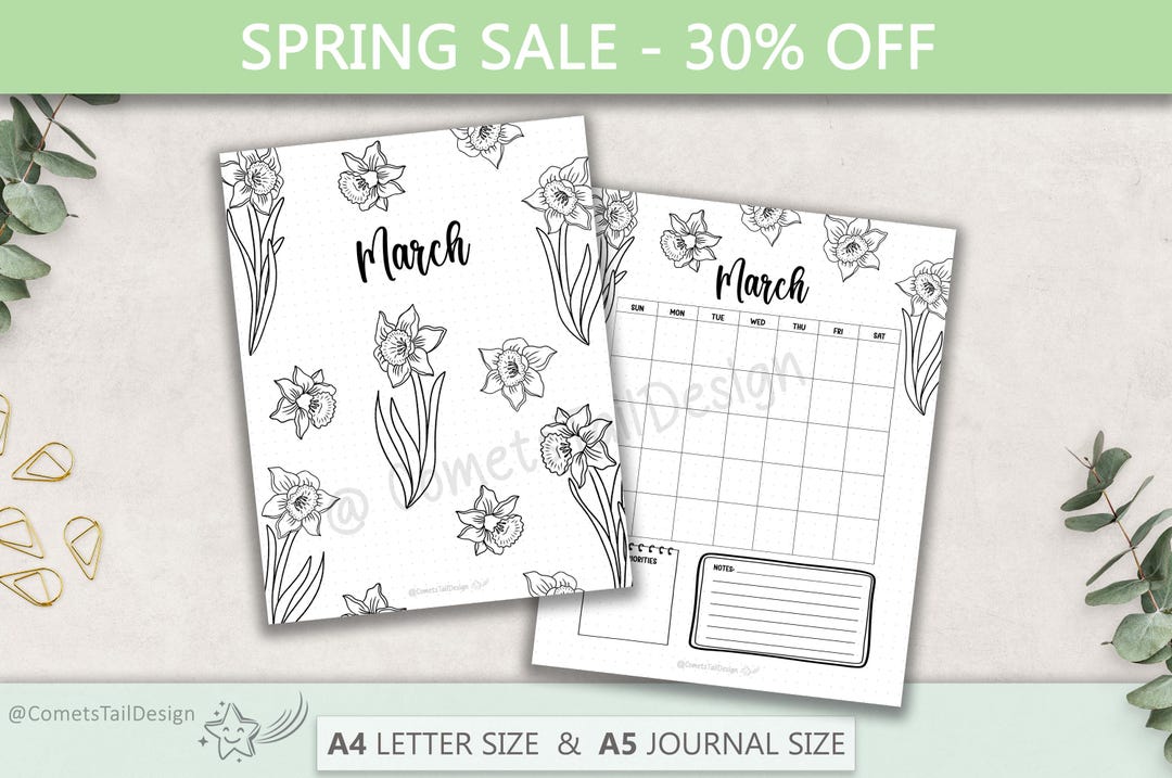 Printable March Title Page & Calendar Bullet Journal | Digital Planner ...