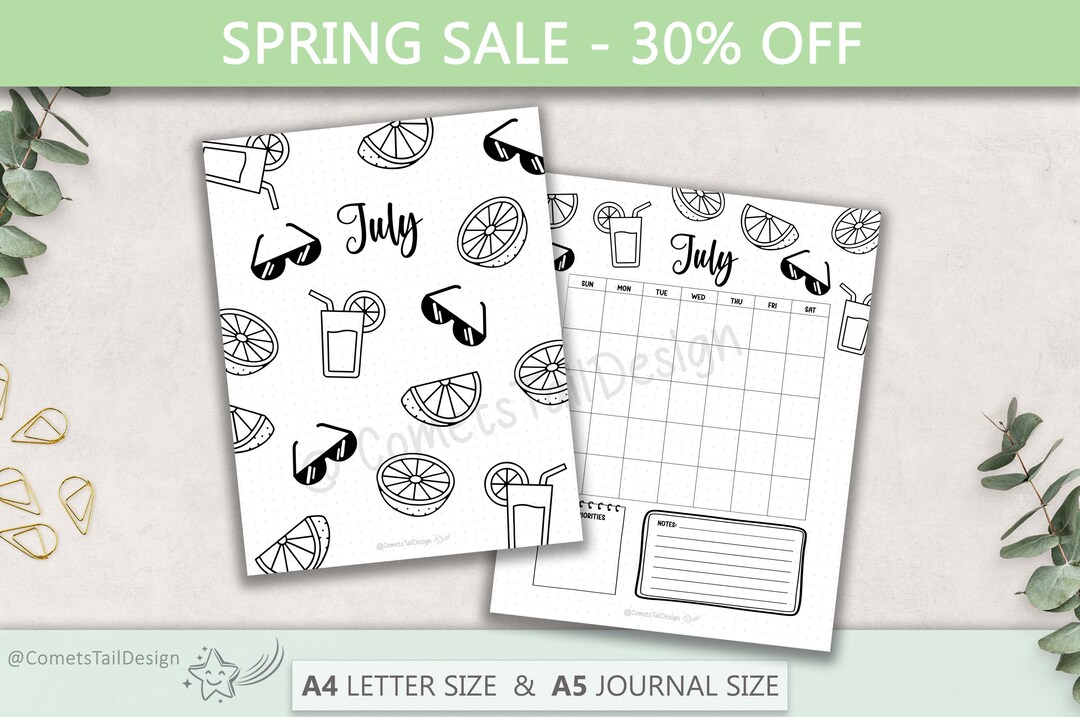 July Calendar Title Page | PRINTABLE Bullet Journal | Digital Planner ...