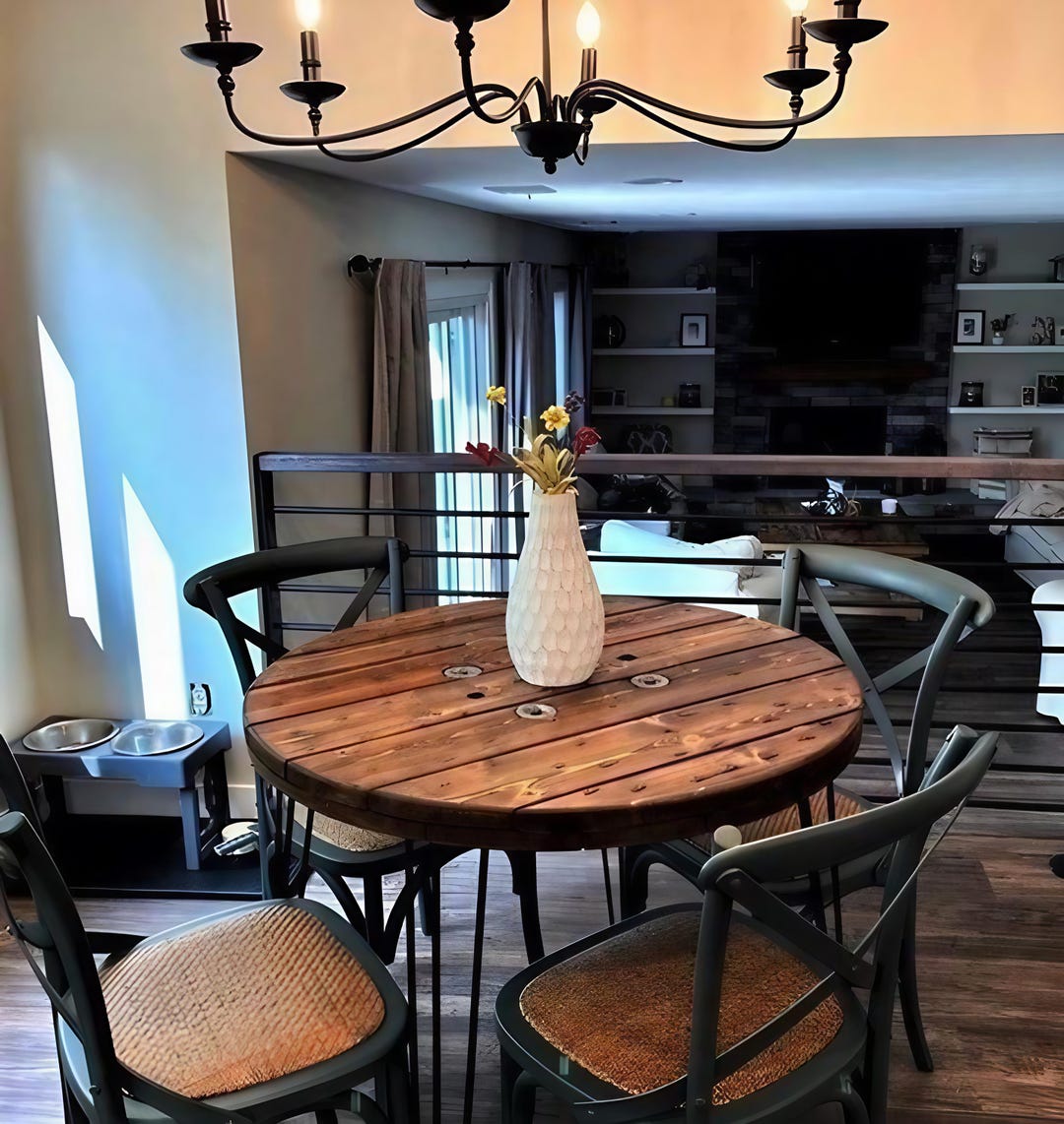 Rustic Spool Wood Round Table – 20" to 36" – Hairpin or Pipe Legs ...