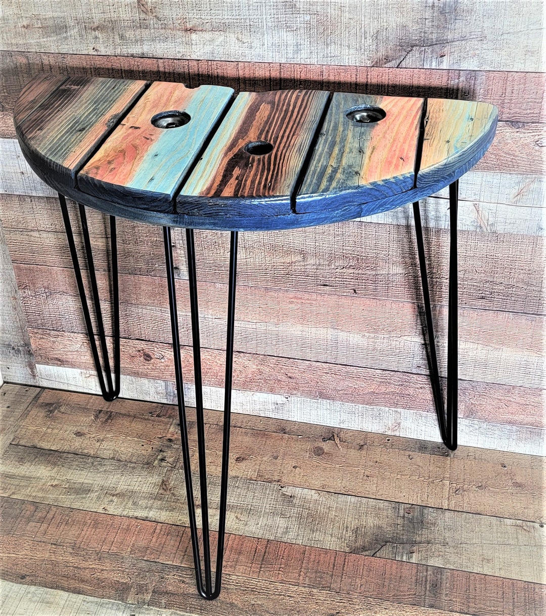 Farmhouse Wood Spool Half Table - 20" to 36 IN - Hairpin & Pipe Legs ...