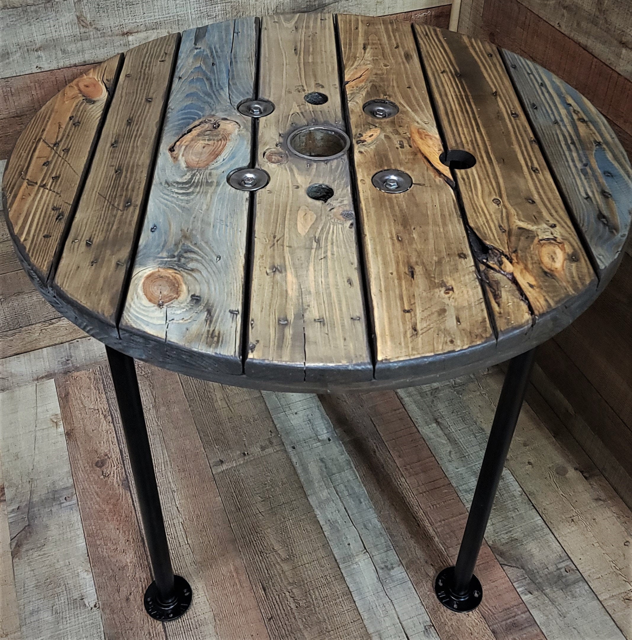 20 to 36 Farmhouse Round Wood Spool Table - Hairpin & Pipe Legs ...