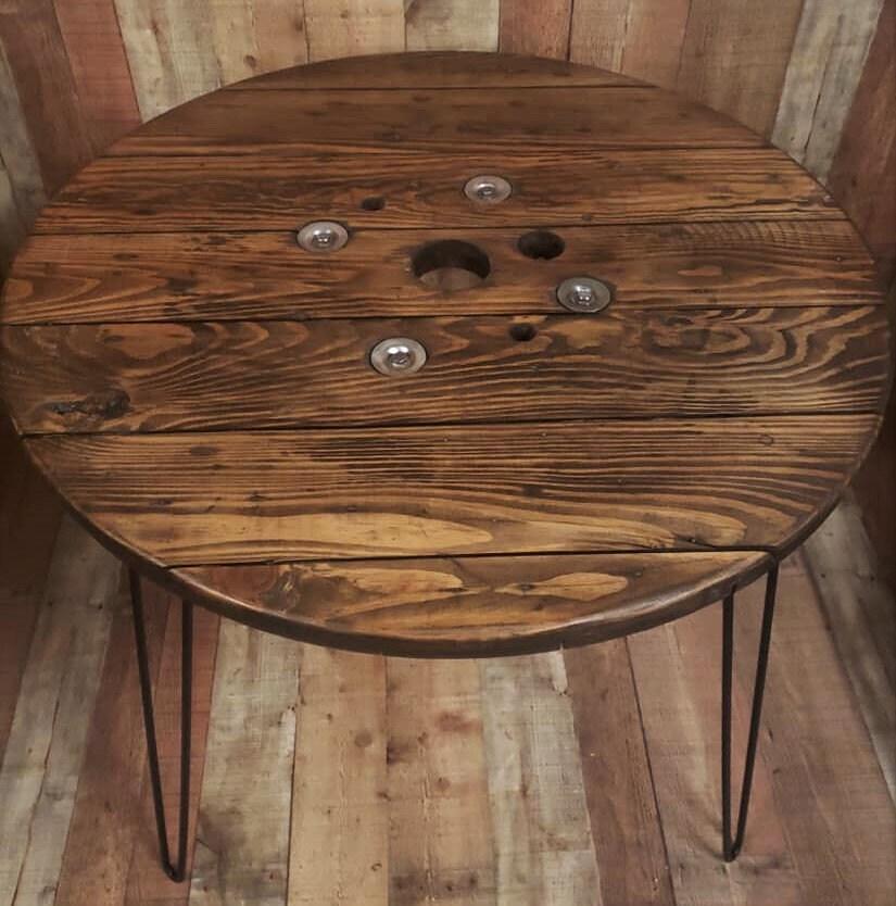 20 to 36 Farmhouse Round Wood Spool Table - Hairpin & Pipe Legs ...