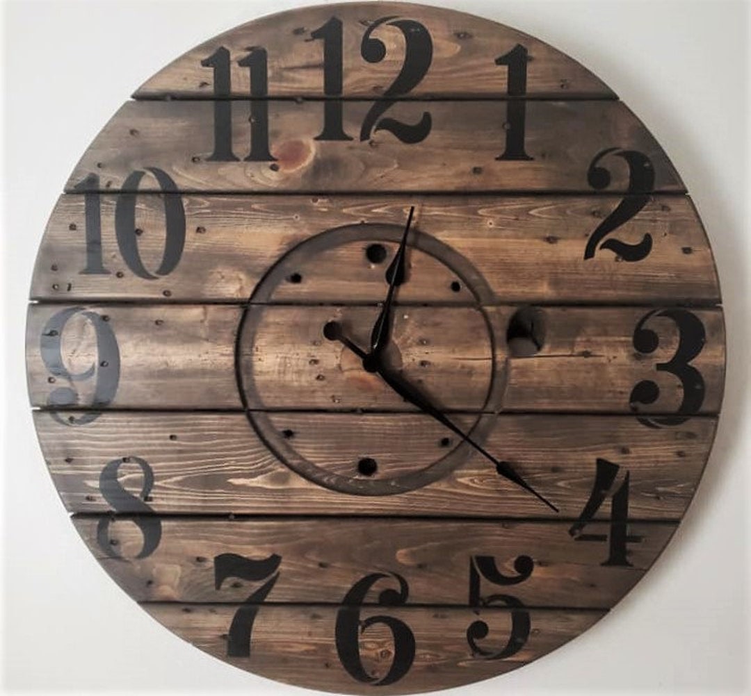 Farmhouse Wood Spool Wall Clock - 20" to 36 IN Round Wooden Clock ...