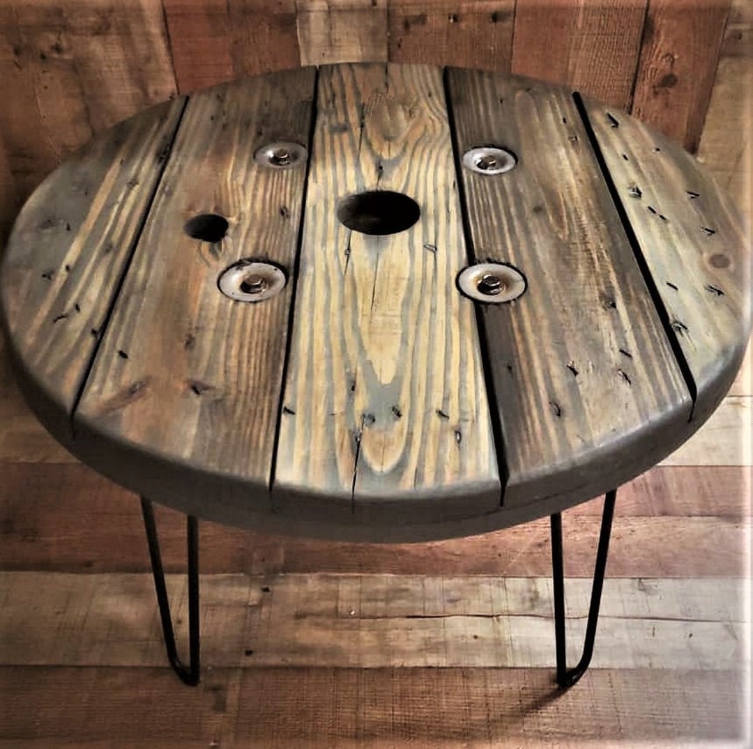 Rustic Spool Wood Round Table – 20" to 36" – Hairpin or Pipe Legs ...