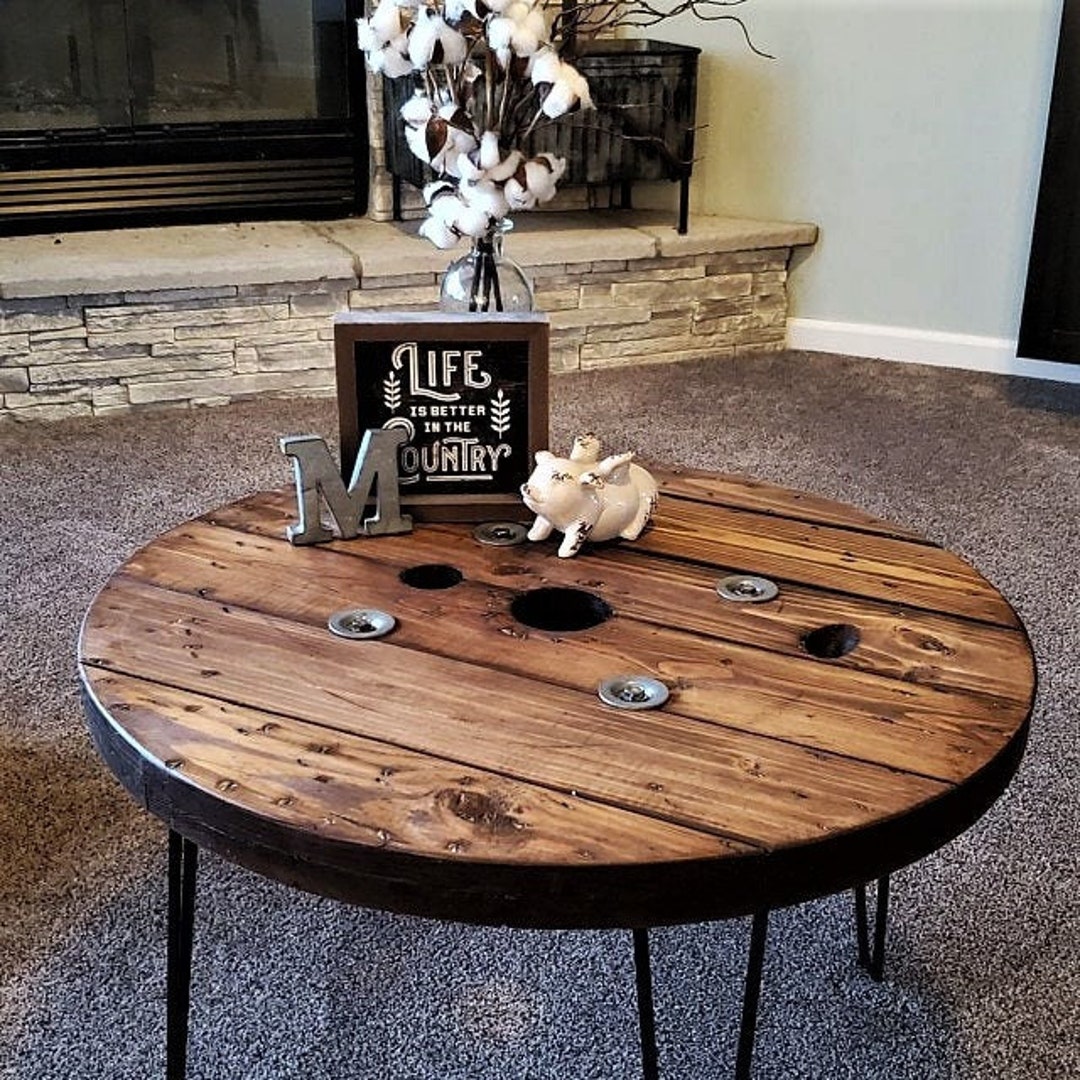 Farmhouse Wood Spool Table 20 to 36 IN Hairpin & Pipe Legs Statement ...