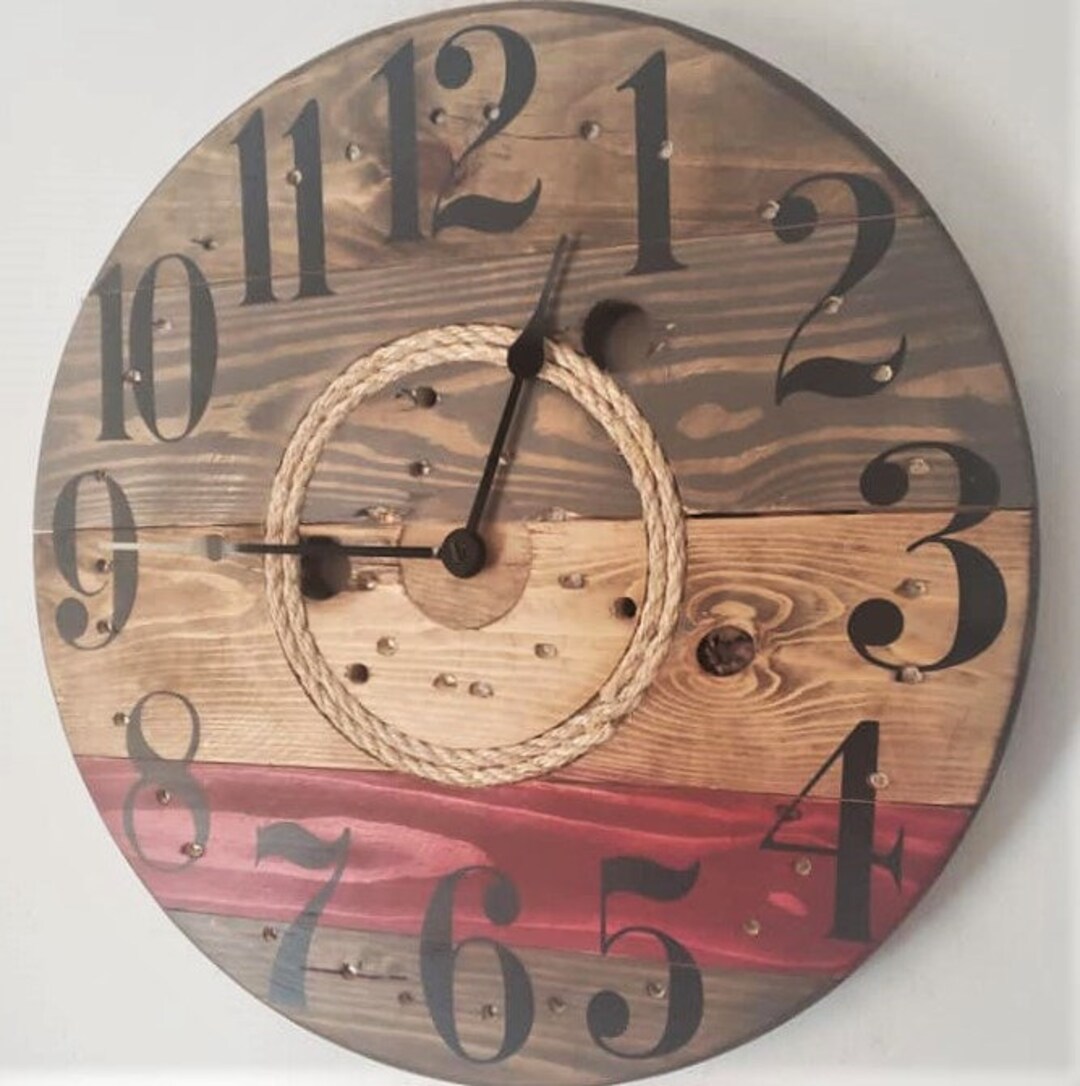 Farmhouse Wood Spool Wall Clock 20 to 36 IN Round Wooden Clock ...