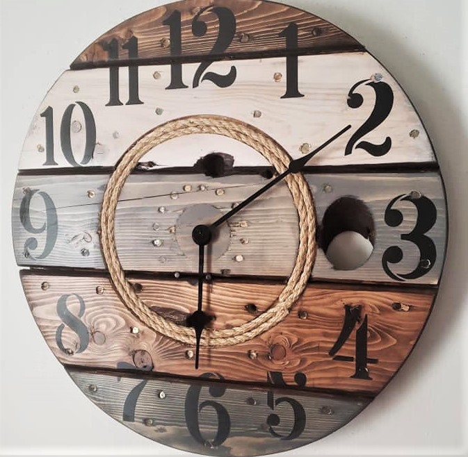 Farmhouse Wood Spool Wall Clock - 20 to 36 IN Round Wooden Clock ...