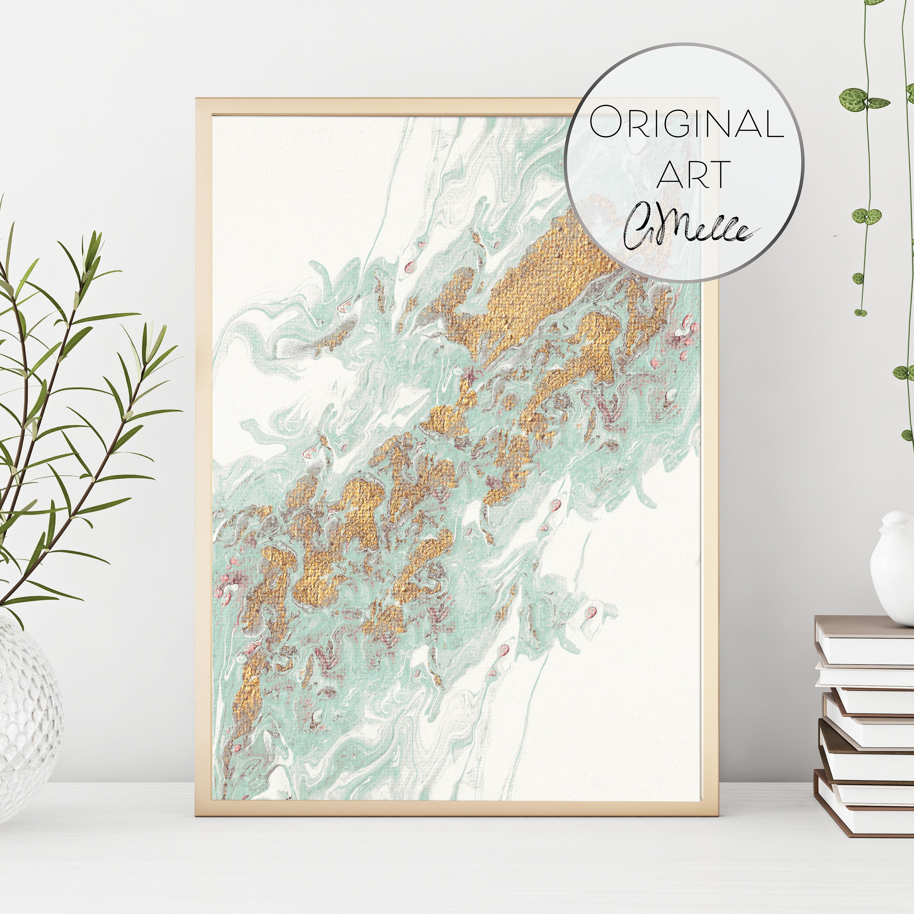 Turquoise Gold Abstract Painting, Acrylic Pour Painting Gold Mint ...