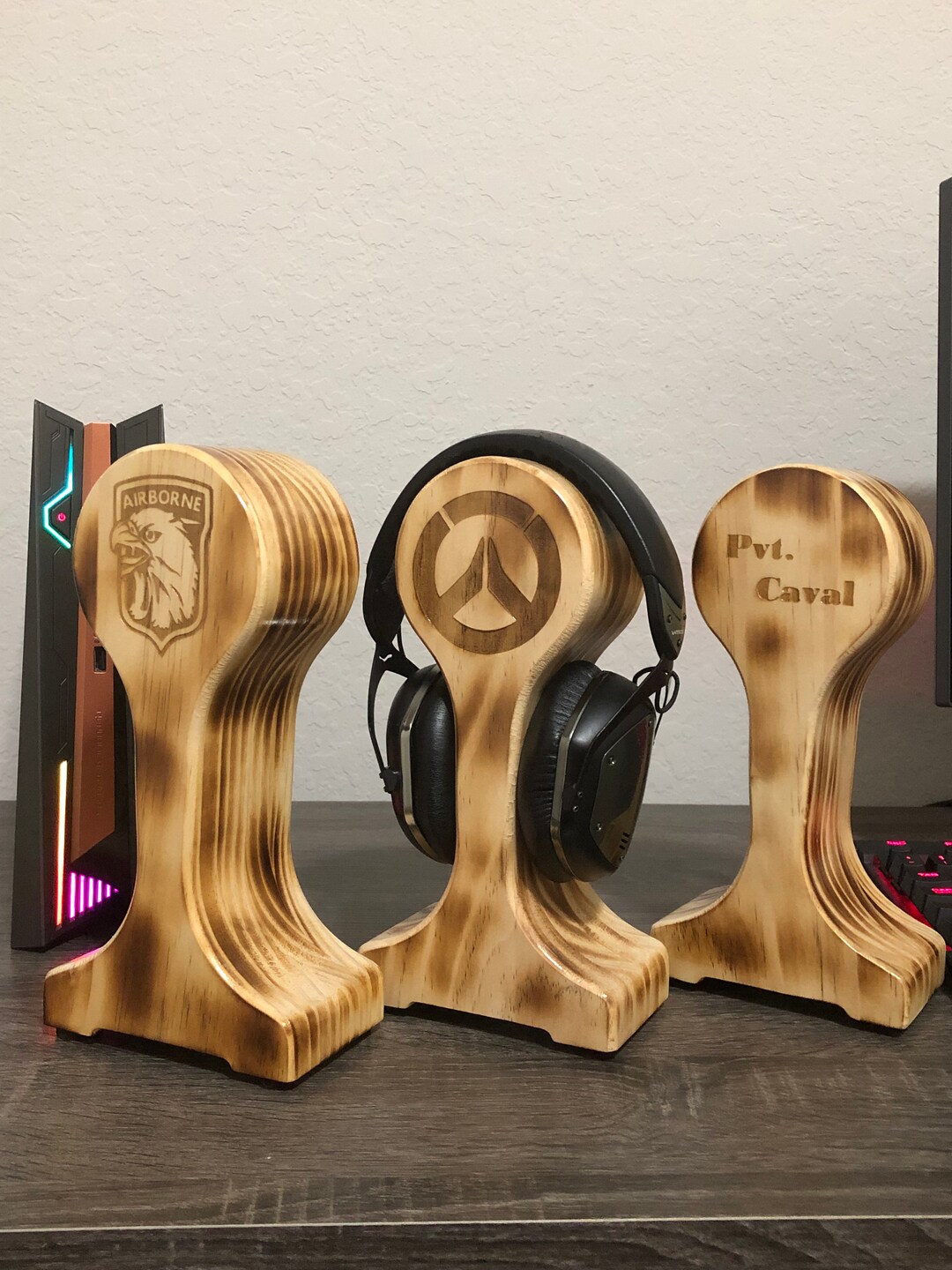 Personalized Wood Headphone Stand, Rustic Customized Gaming Headphone ...