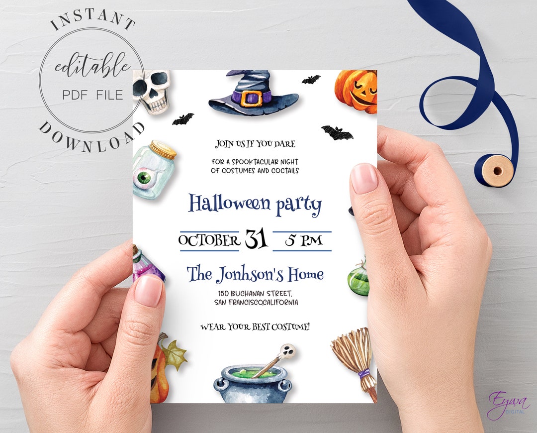 Spooky Halloween Party Invitation Template Editable Pumpkins Skulls ...