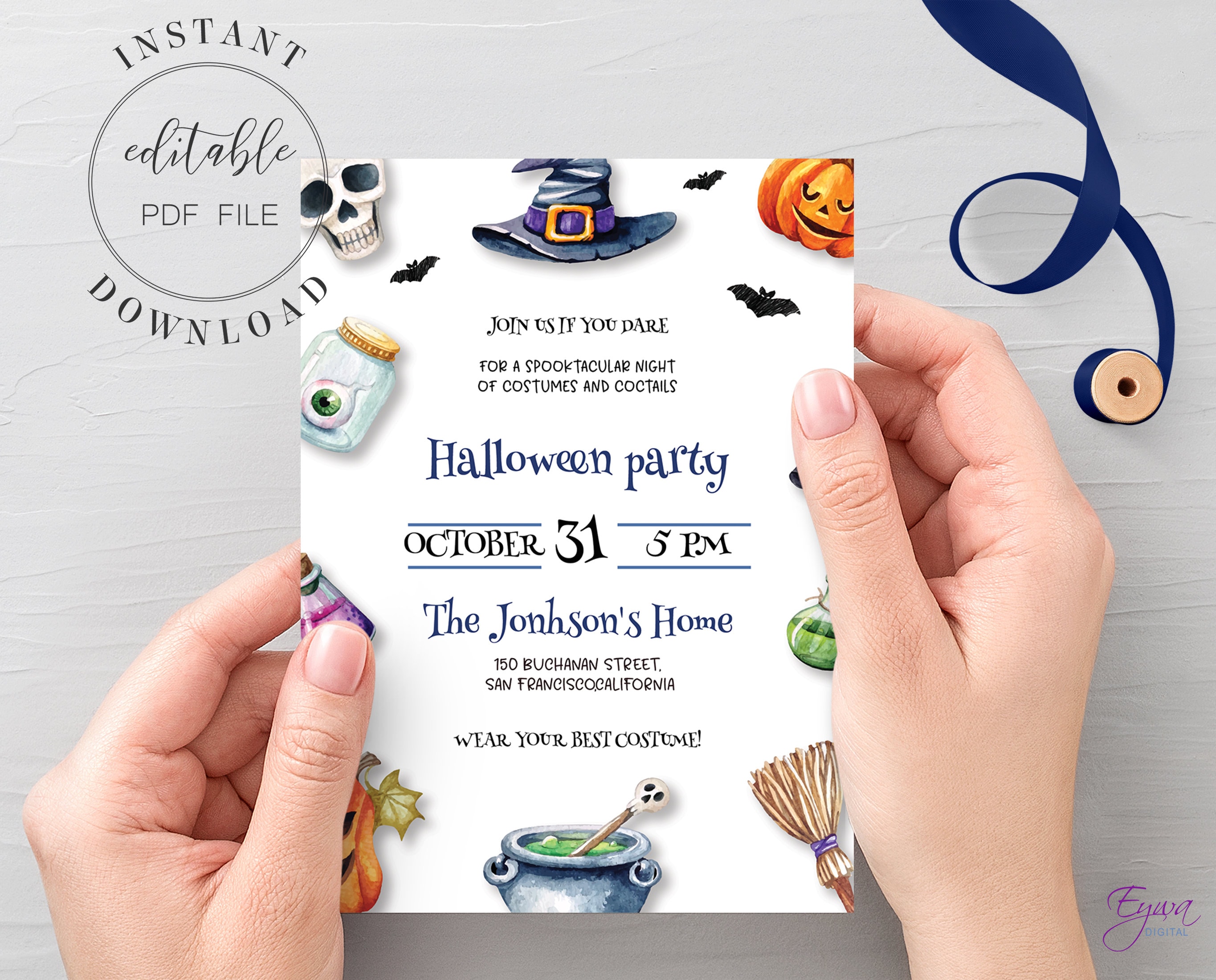 Spooky Halloween Party Invitation Template Editable Pumpkins Skulls ...