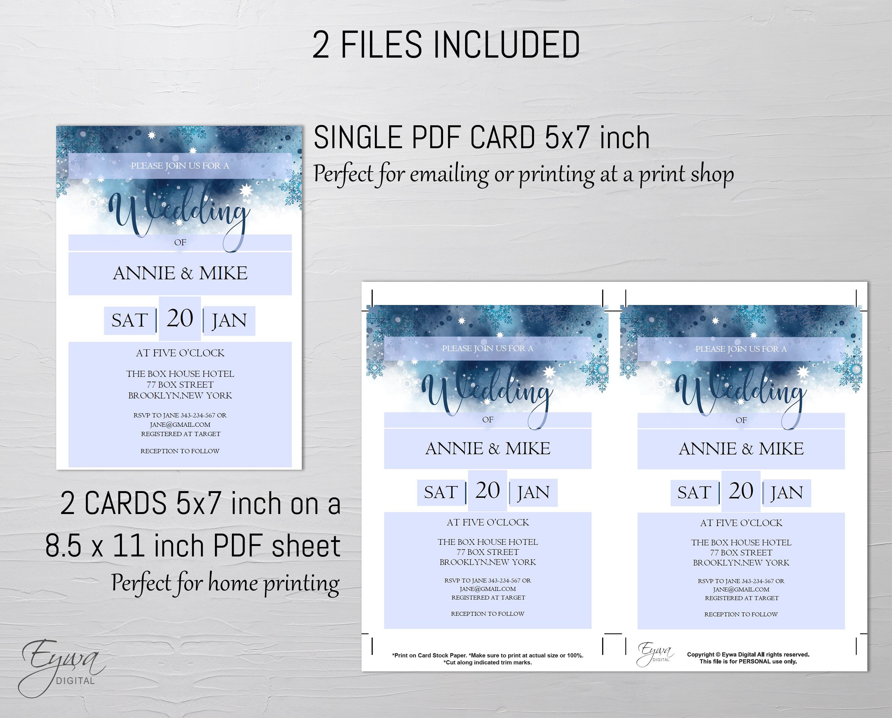 Blue Winter Wedding Invitation Template Printable Blue and White ...