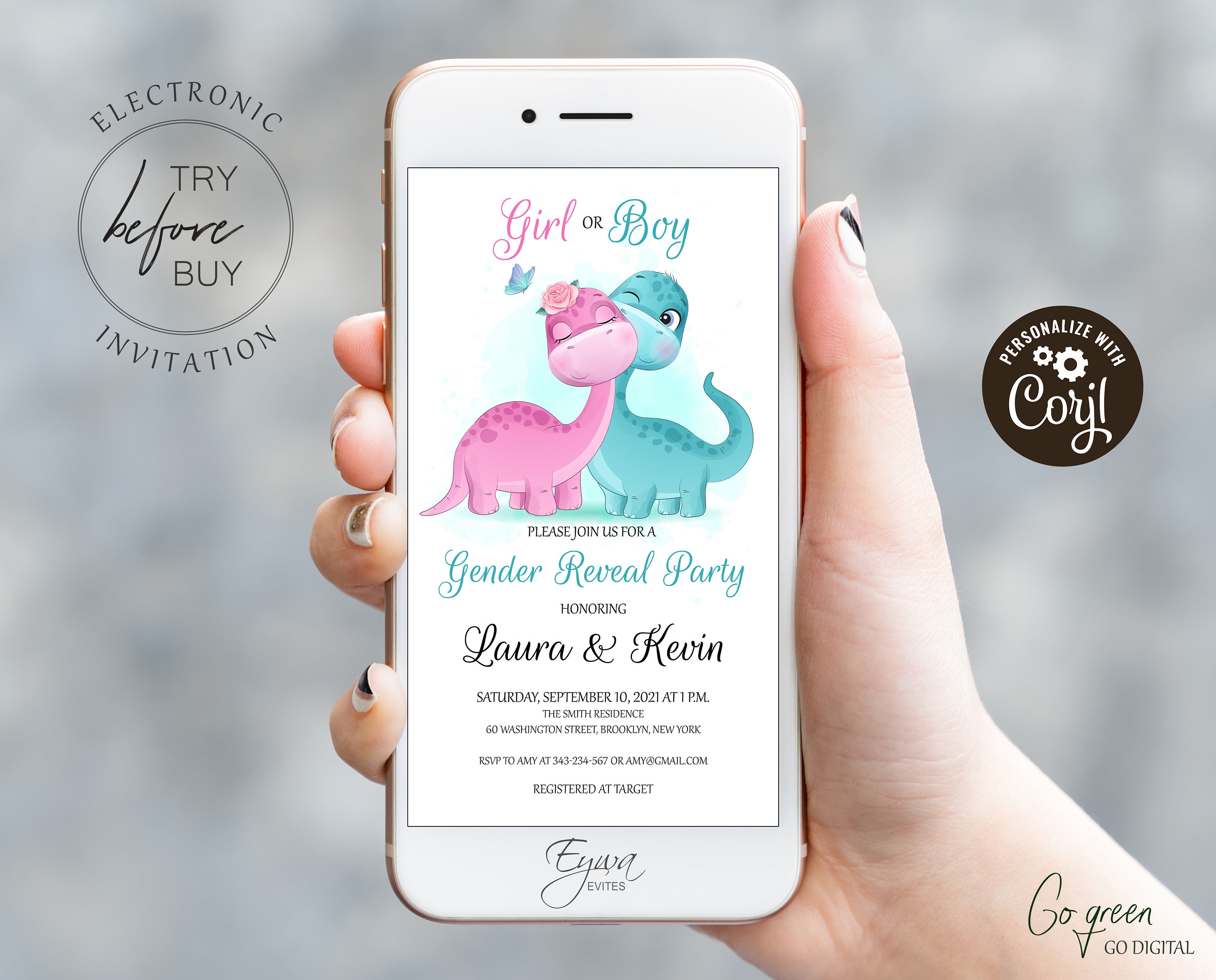 Dinosaur Gender Reveal Invitation Template Editable Dino Gender Reveal ...