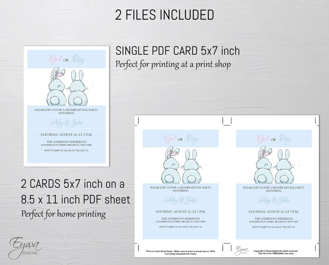 Cute Rabbits Gender Reveal Party Invitation Template Editable Bunnies ...