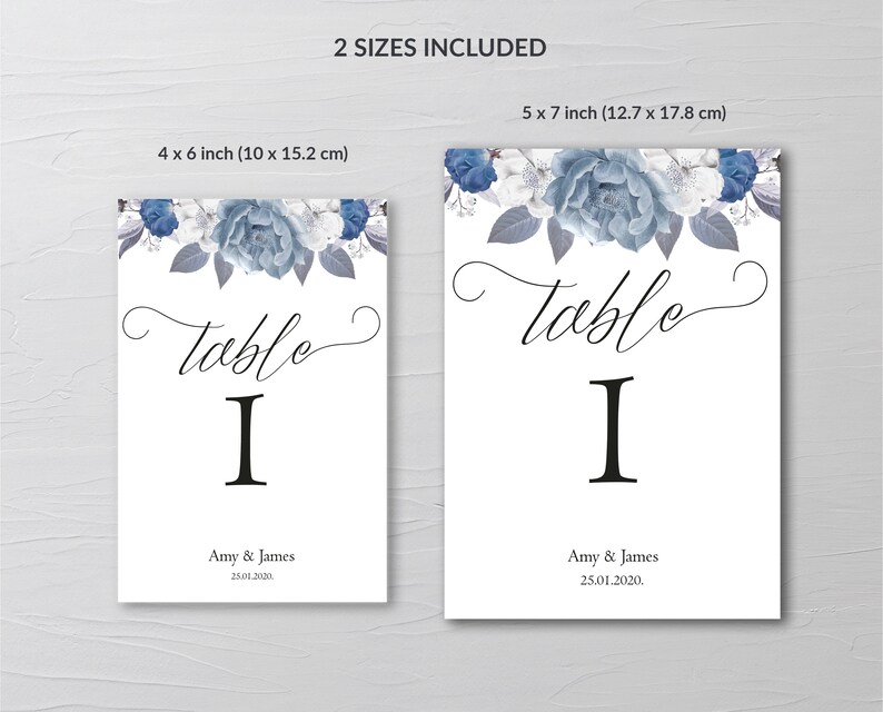 Silver and Blue Rose Table Numbers Wedding Printable Editable Wedding ...