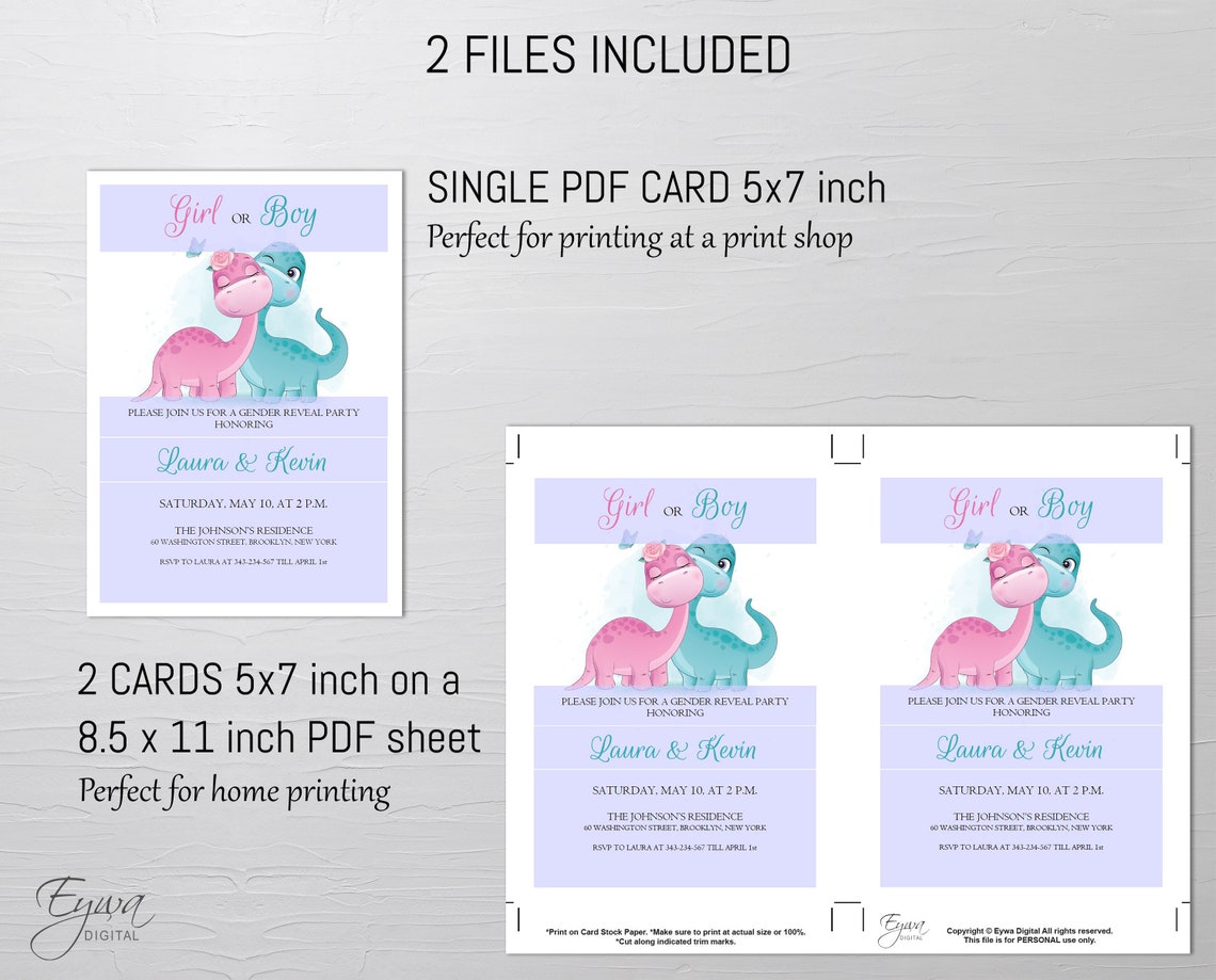 Dinosaur Gender Reveal Invitation Template Editable Dino Gender Reveal ...