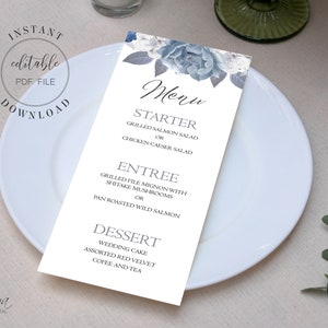 Silver and Blue Rose Wedding Menu Template Editable Dinner Menu Floral ...