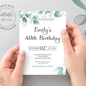 Eucalyptus Greenery Birthday Invitation Template Editable Eucalyptus ...