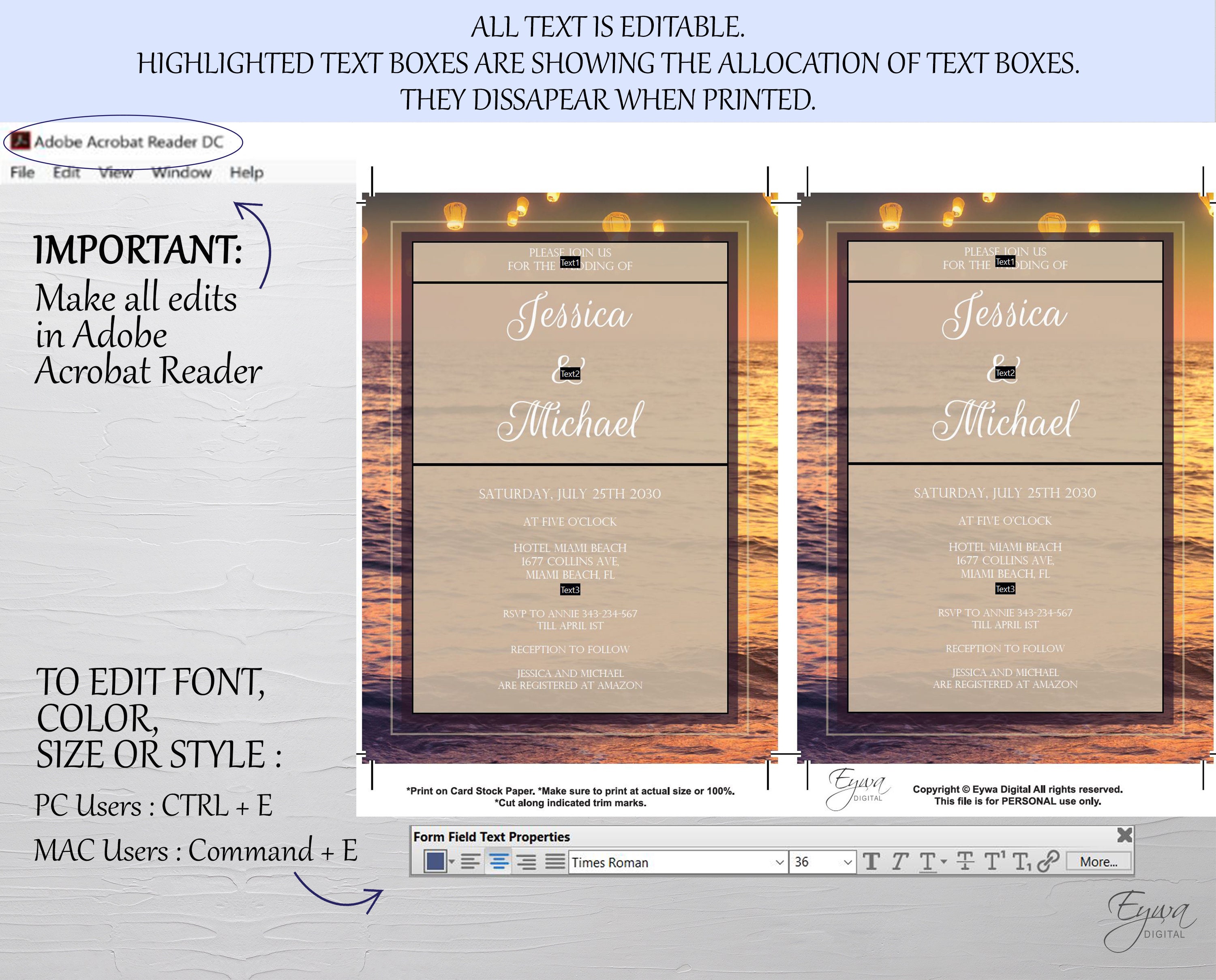 Sunset Beach Wedding Invitation Template Printable Destination Wedding ...