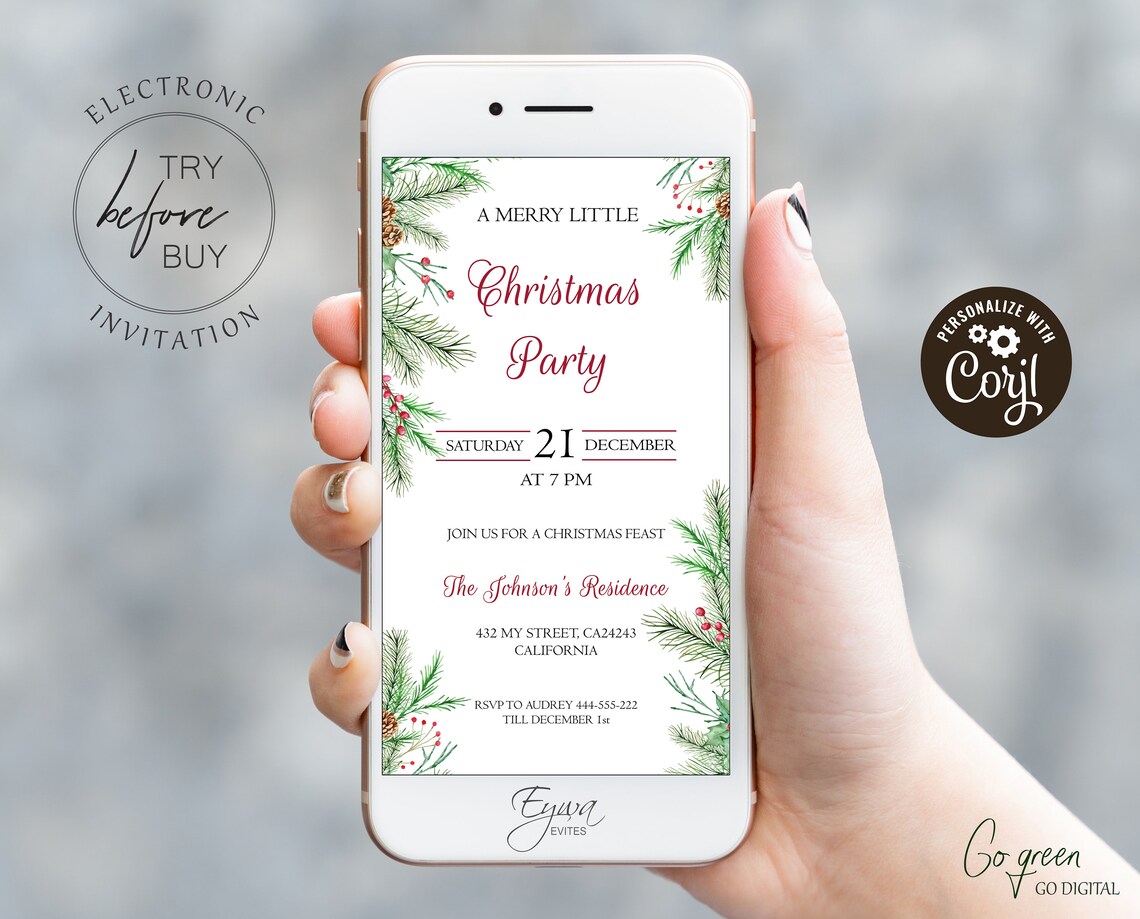 Christmas Greenery Party Invitation Template Holiday Dinner Invite ...