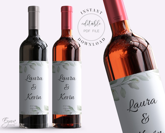 Greenery Wedding Wine Labels Template Editable Wine Bottle | Etsy