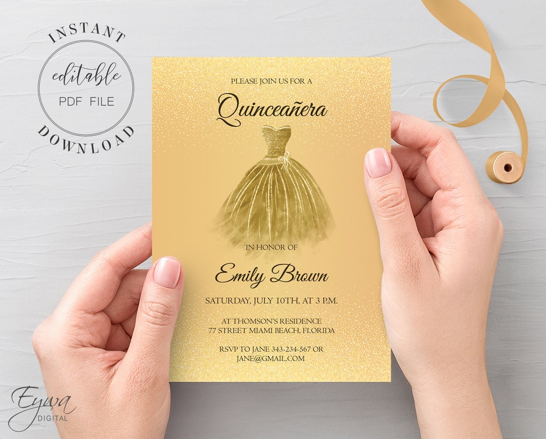 Glitter Gold Quinceanera Invitation Template (editable PDF) - Etsy