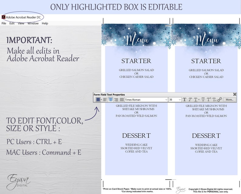 Blue Watercolor Wedding Menu Template Editable Winter Dinner Menu ...