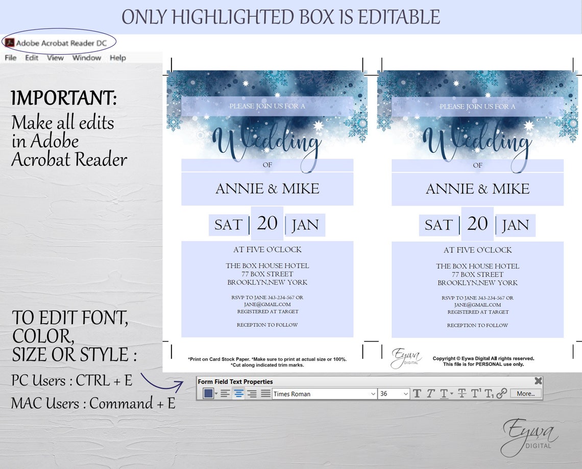 Blue Winter Wedding Invitation Template Printable Blue and - Etsy