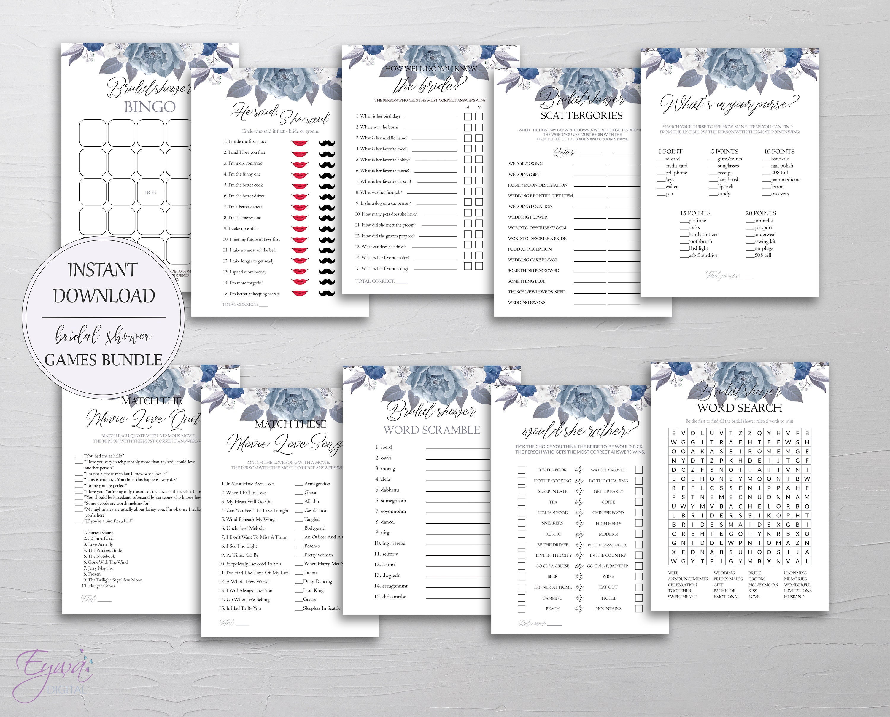 Silver and Blue Rose Memories With the Bride Sign and Card Game Share a ...