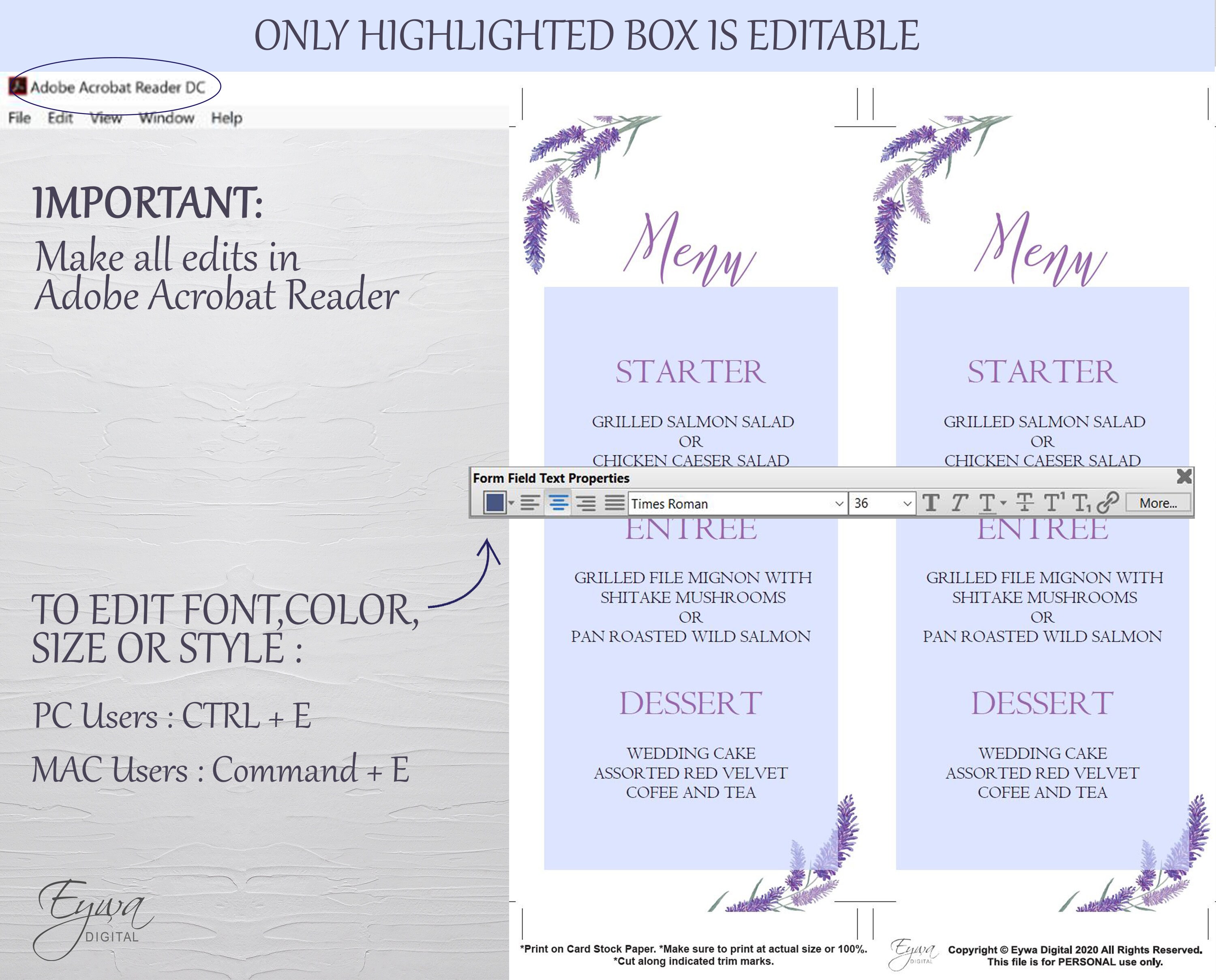 Lavender Wedding Menu Template Editable Dinner Menu Floral Purple Menu ...