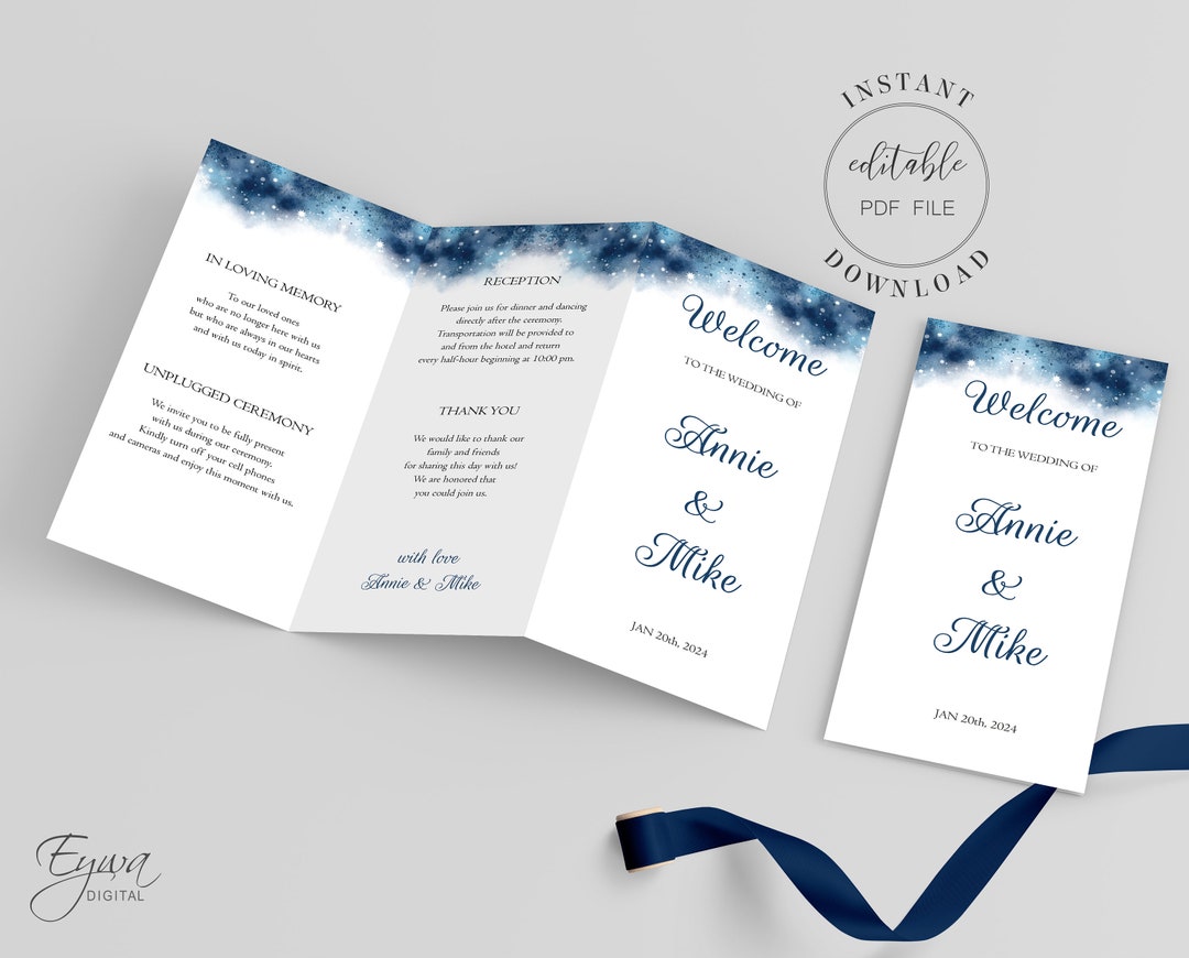 Winter Blue Trifold Wedding Program Template, Editable Blue Order of ...