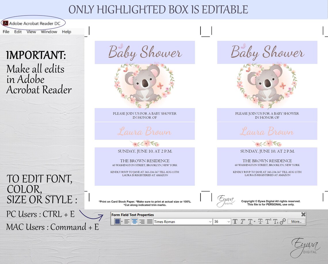Koala Baby Shower Invitation Template Editable Baby Koala Baby Shower ...