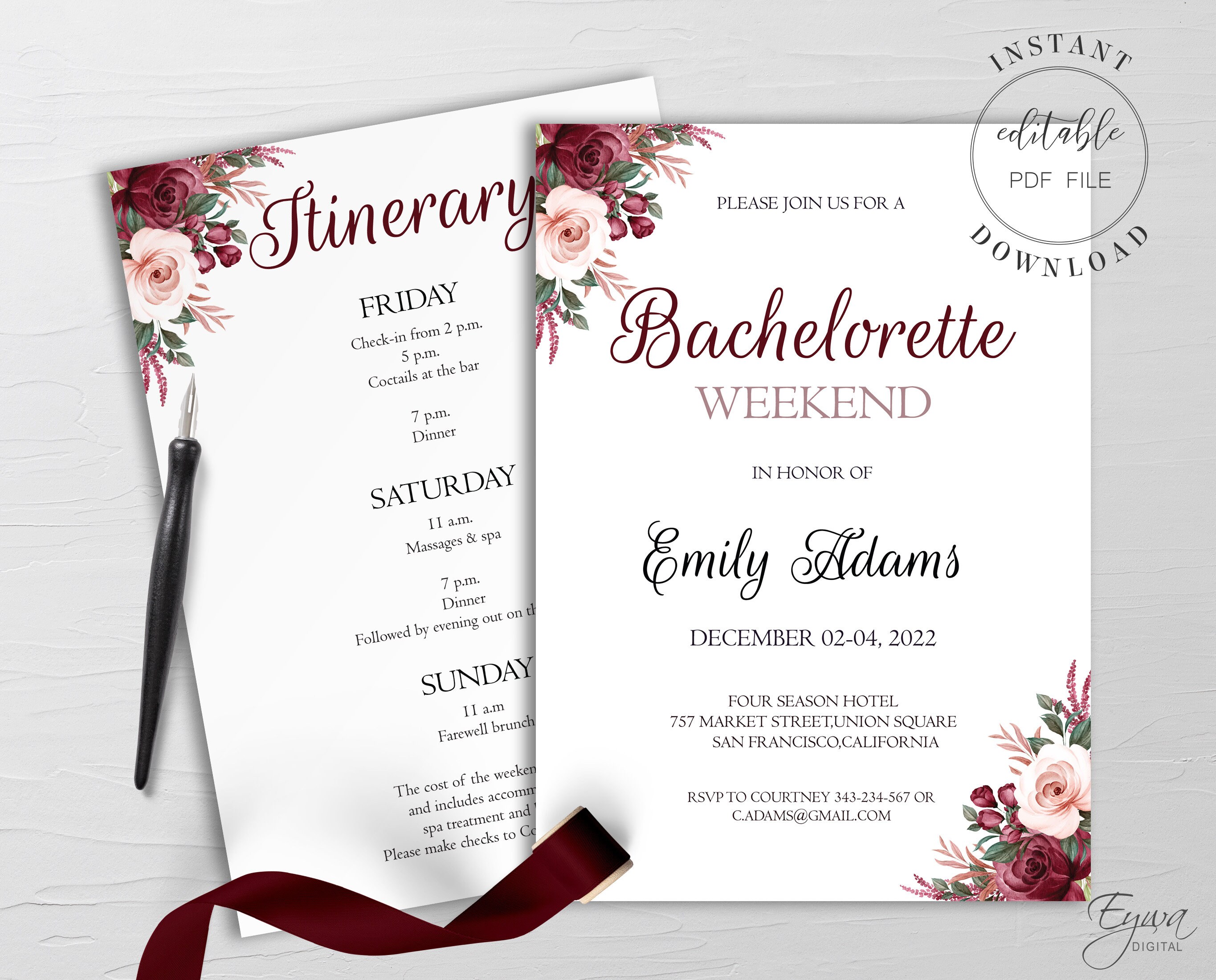 Burgundy Blush Bachelorette Weekend Invitation Template Editable PDF ...