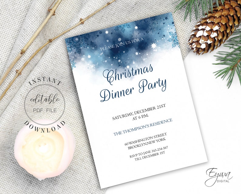 Blue Christmas Invitation Template Christmas Dinner Party - Etsy