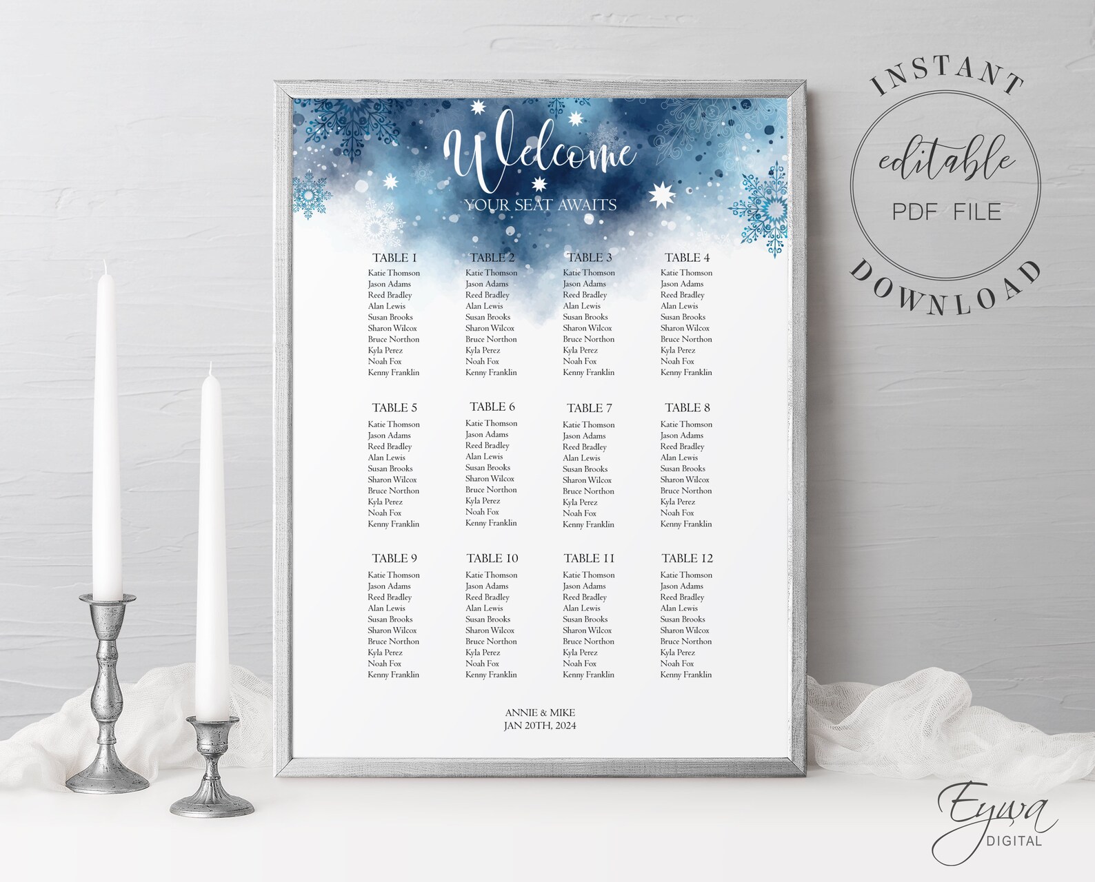 Winter Blue Wedding Seat Chart Template Blue Editable Seating Plan ...