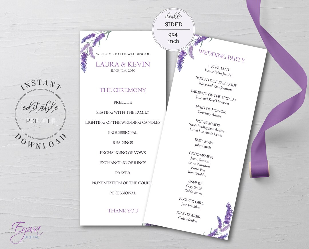 Lavender Wedding Program Template Editable Violet Wedding Ceremony Program Double Sided Instant ...