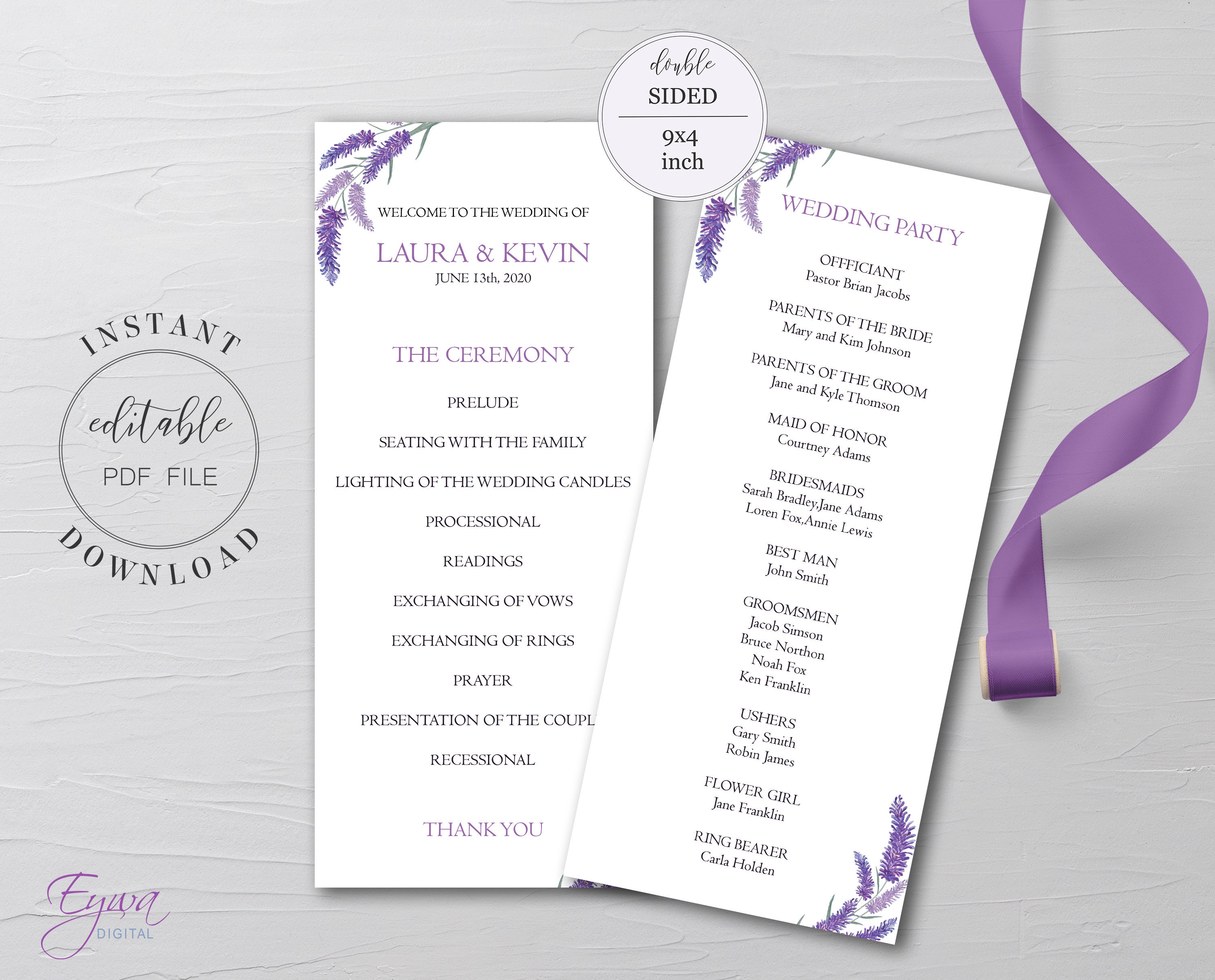Lavender Wedding Program Template Editable Violet Wedding - Etsy