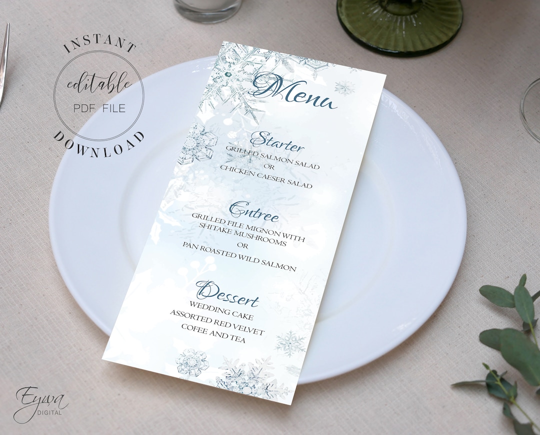 Winter Wonderland Wedding Menu Template: Snowflake Design (editable PDF ...