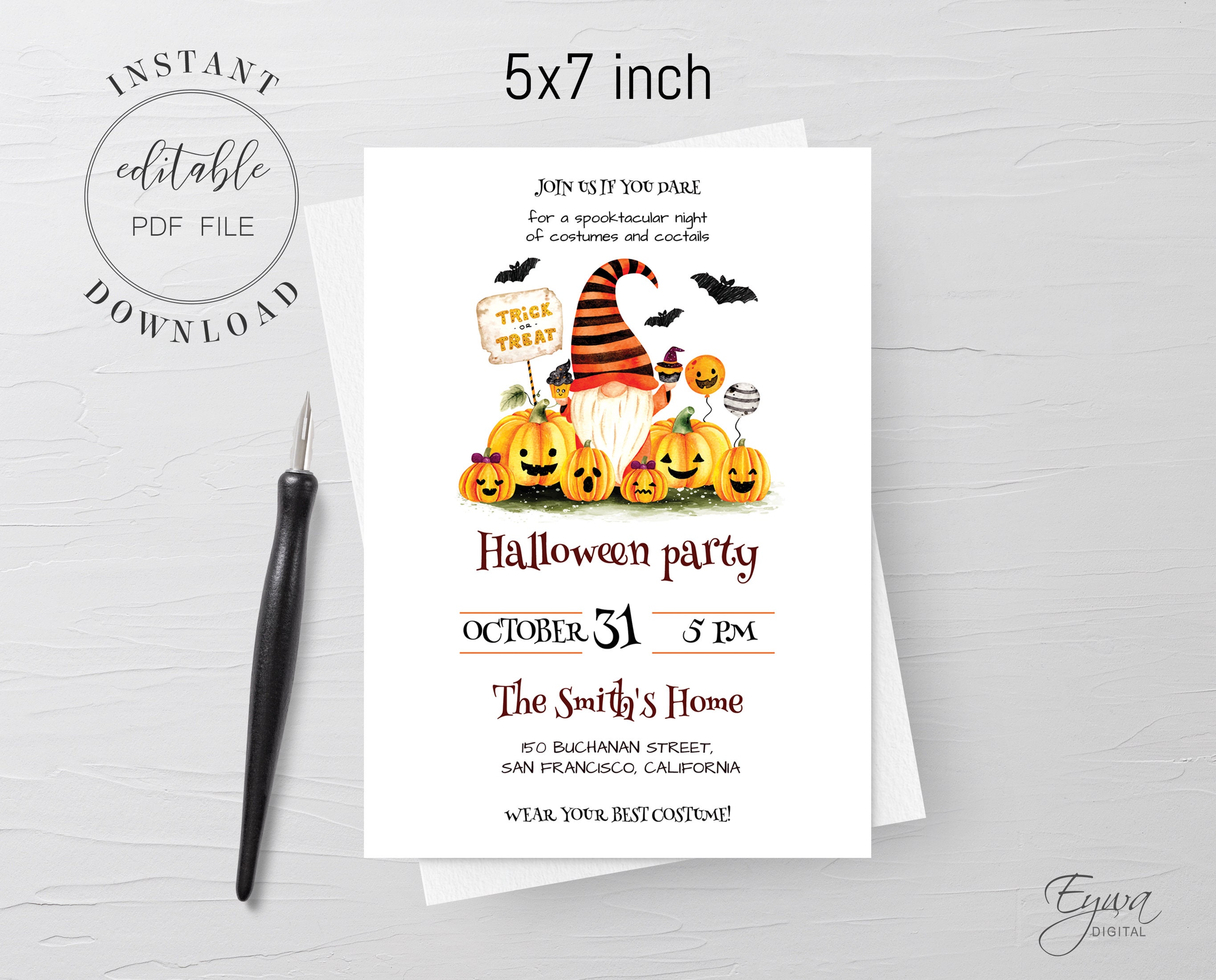 Halloween Gnome Party Invitation Template: Editable Pumpkin Design (PDF ...