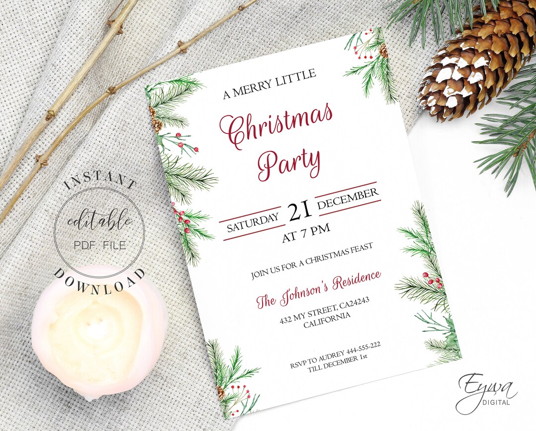 Christmas Greenery Party Invitation Template Holiday Dinner Invite ...