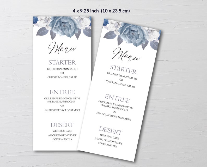 Silver and Blue Rose Wedding Menu Template Editable Dinner | Etsy