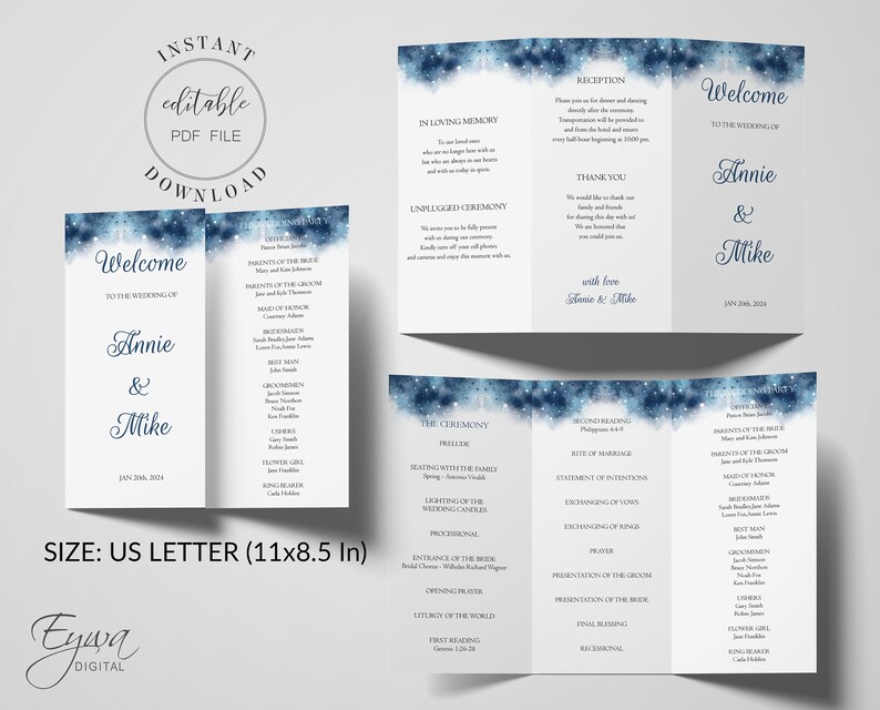 Winter Blue Trifold Wedding Program Template, Editable Blue Order of ...