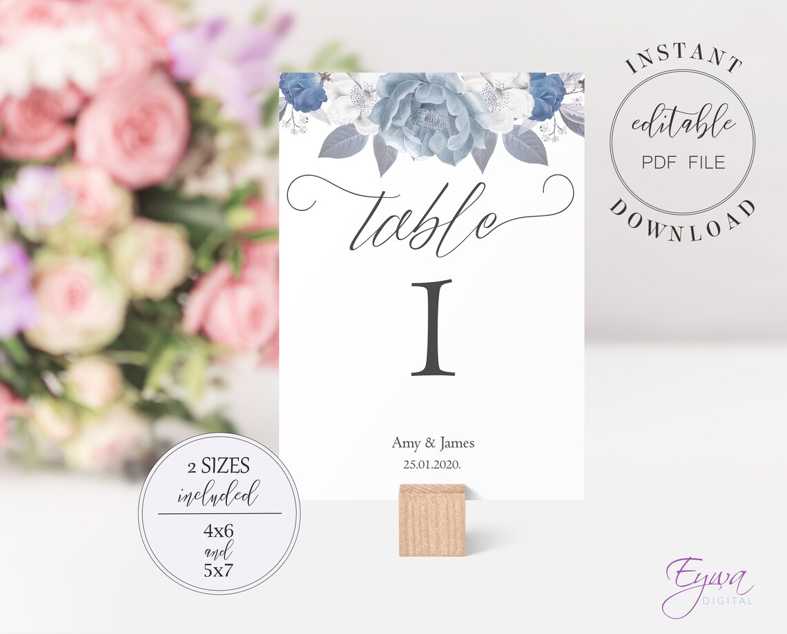 Silver and Blue Rose Table Numbers Wedding Printable Editable | Etsy
