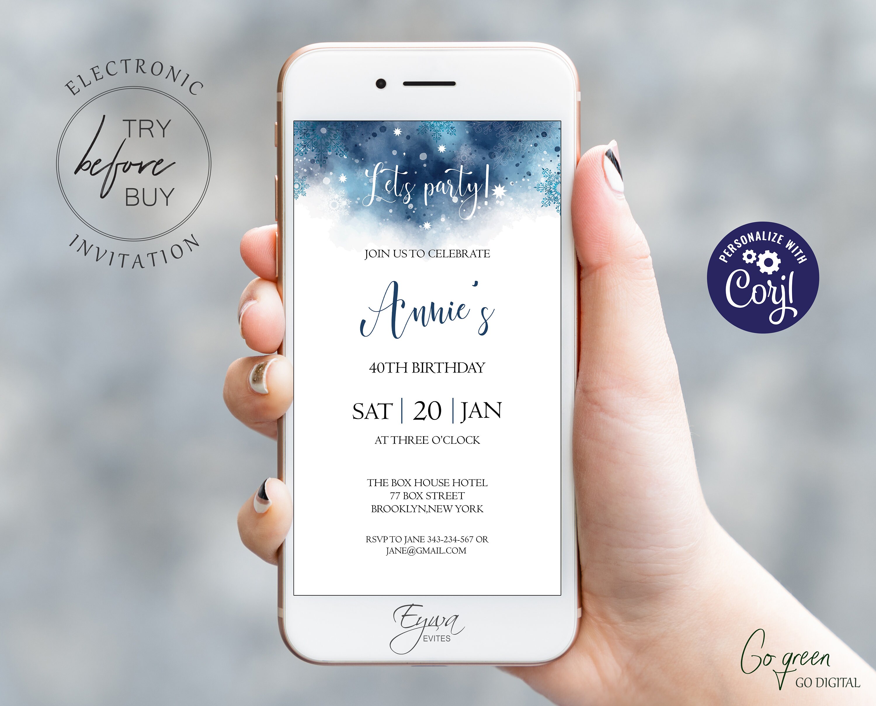 Blue Watercolor Birthday Invitation Template Editable Winter Wonderland ...