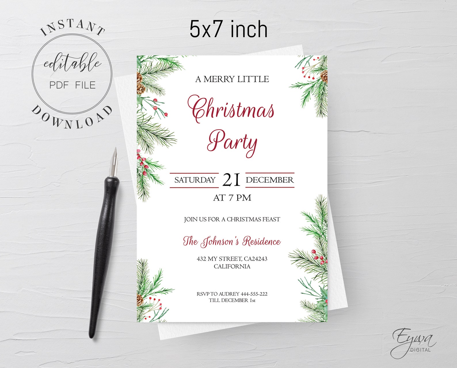 Christmas Greenery Party Invitation Template Holiday Dinner Invite ...