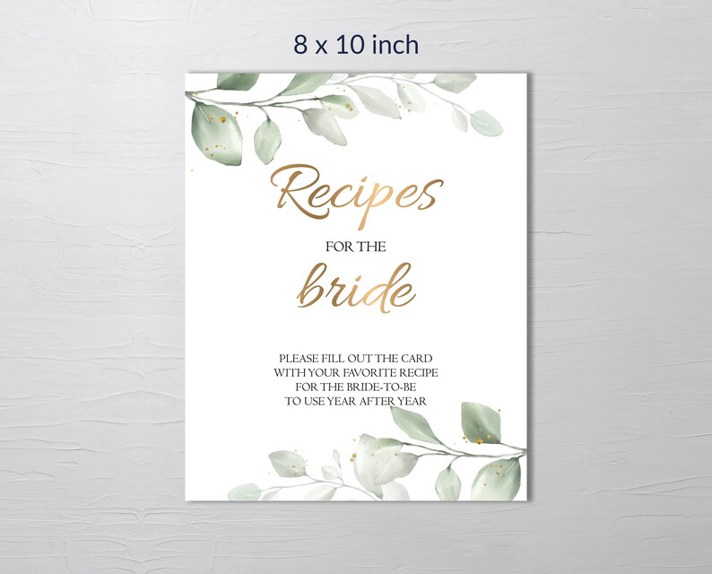 Greenery Gold Bridal Recipe Sign and Card Printable Gold Recipes for ...