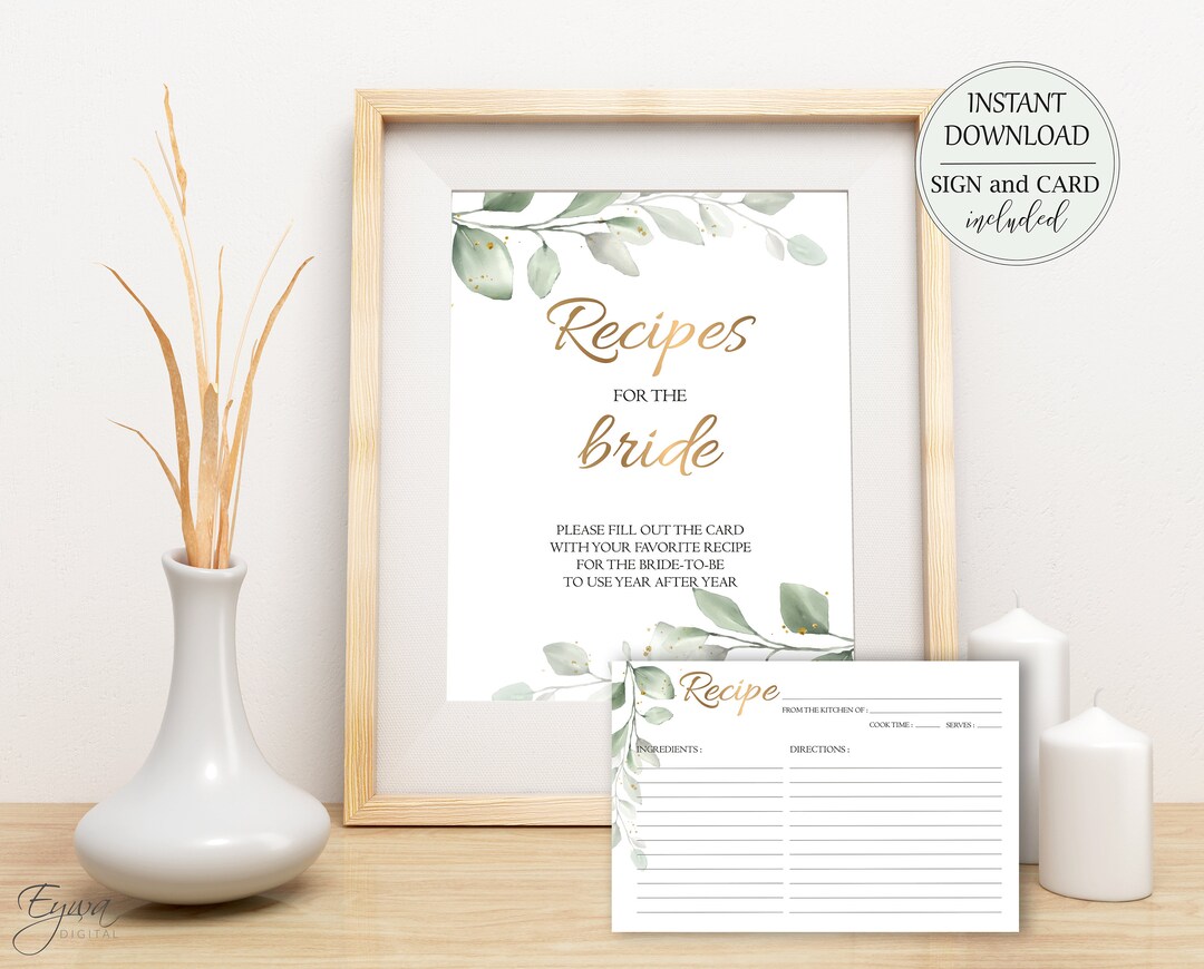 Greenery Gold Bridal Recipe Sign and Card Printable Gold Recipes for ...